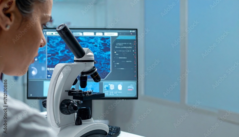 Side profile of a female scientist in a white lab coat analyzing ...