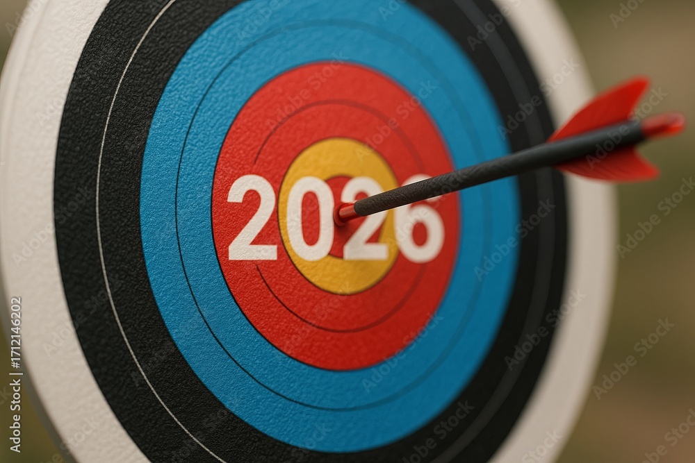 Bullseye target with arrow striking 2026 center ring. Concept of goals ...