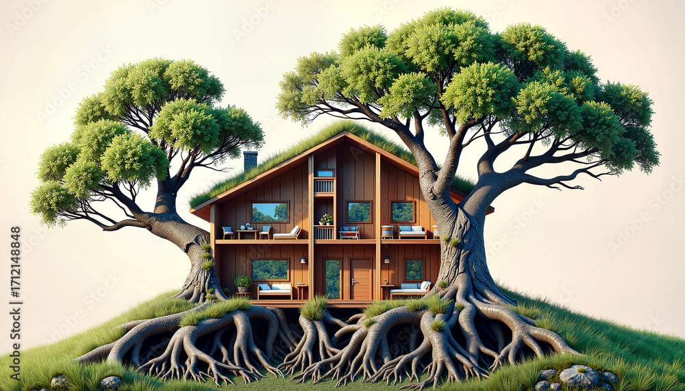Wooden cutaway house with trees growing around it, the concept of ...