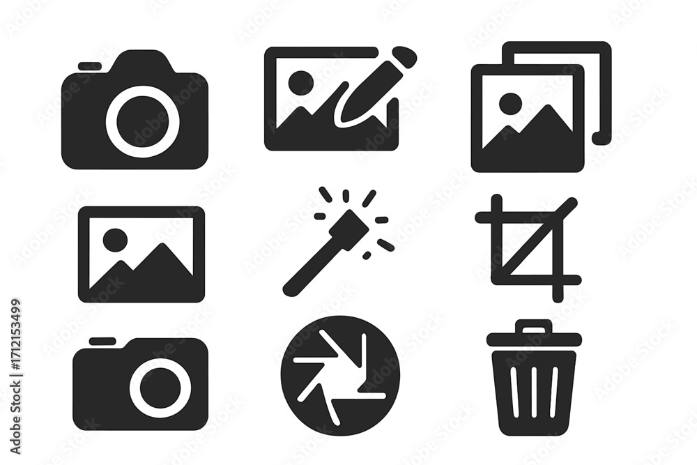 Photography tools solid icon set. Photo editing glyph collection ...