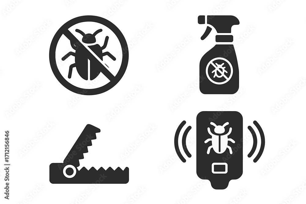 Pest control solid icon set. Vector glyphs of insecticide, bug trap ...