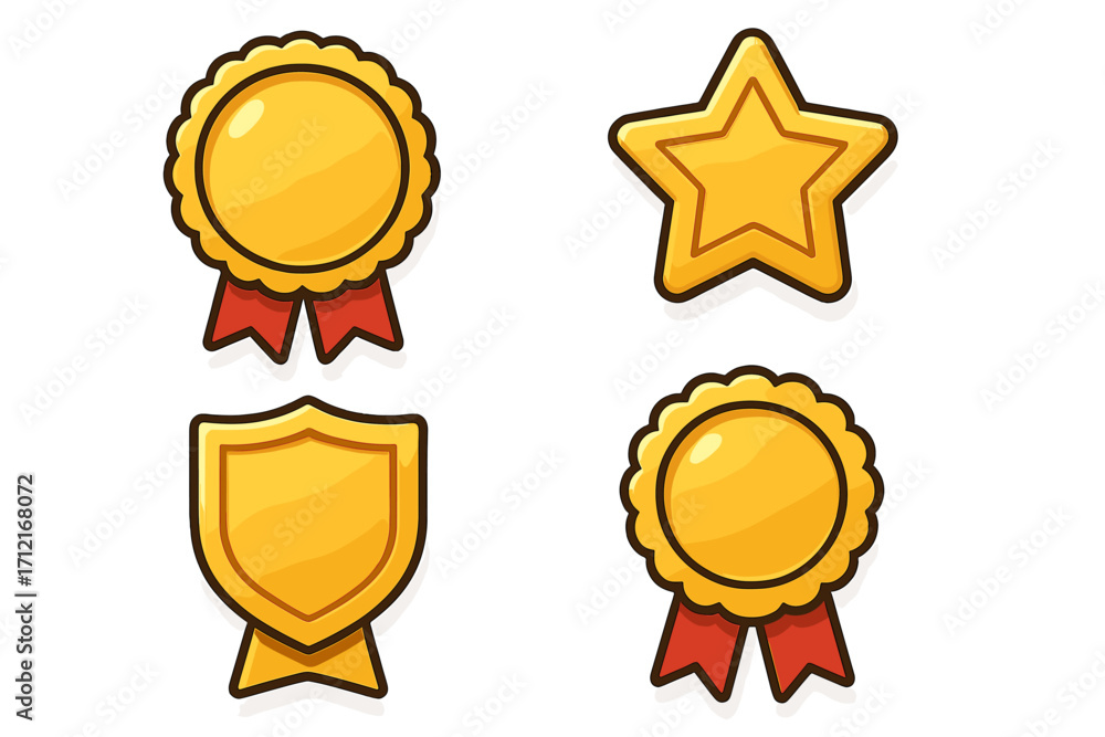 Golden badges award set vector. Gold medal, star and shield icons for ...