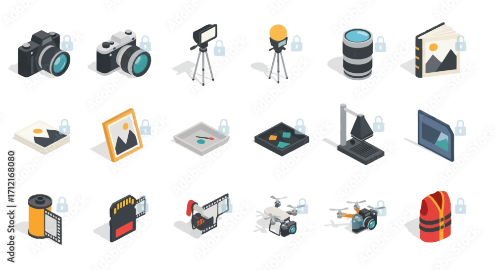 Collection of Photography Equipment and Accessories in Isometric View ...