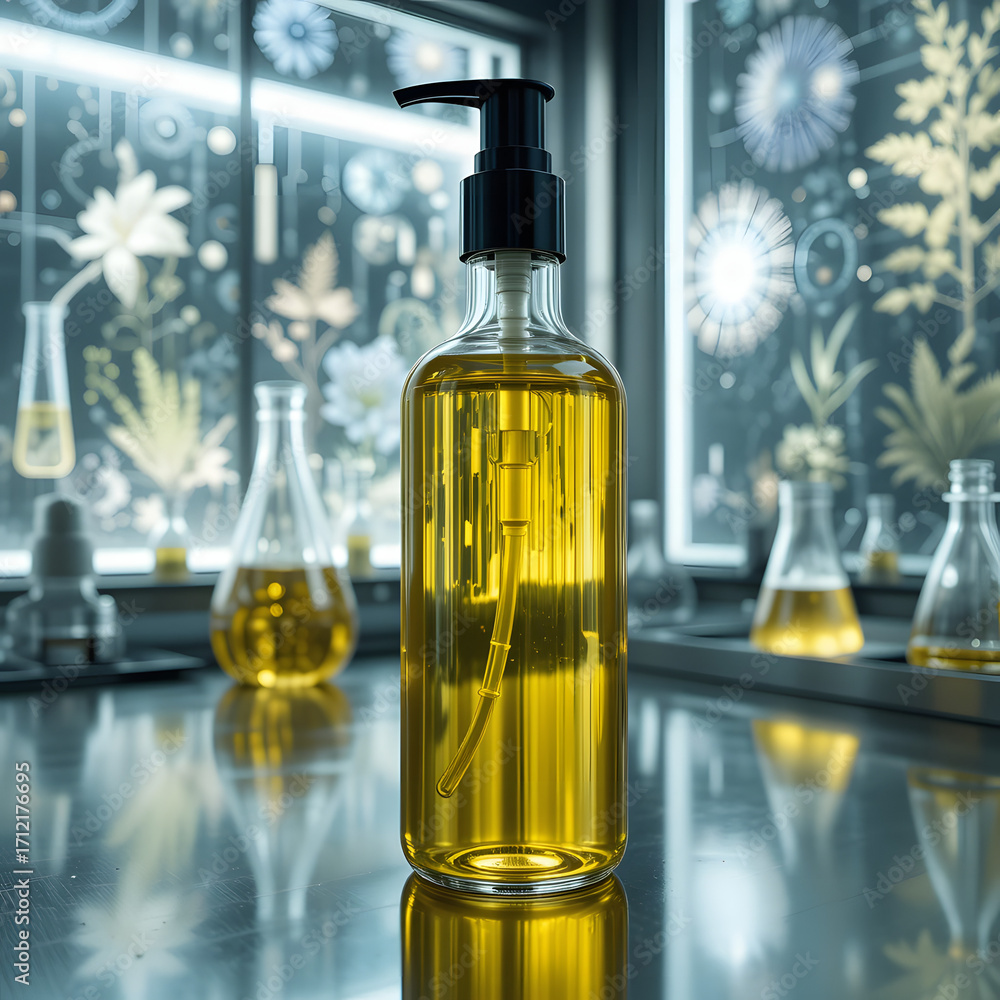 Clear glass pump bottle filled with golden liquid sits on a reflective ...