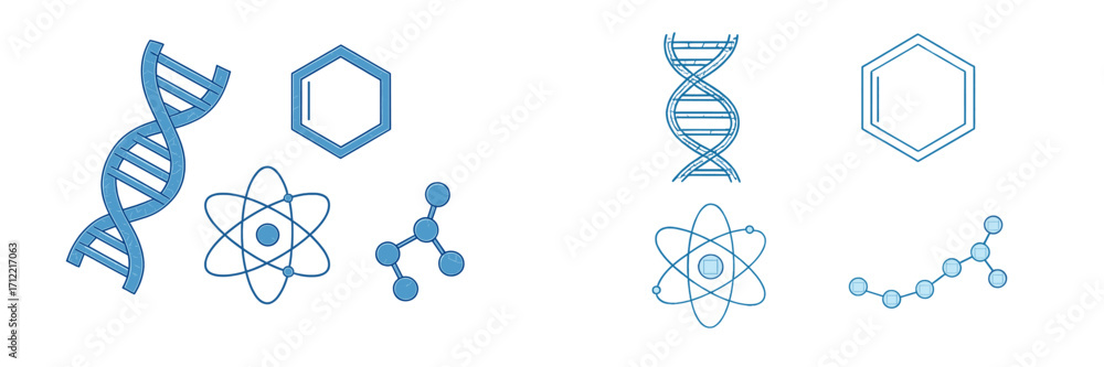 Comprehensive scientific symbols set featuring DNA double helix, atomic ...