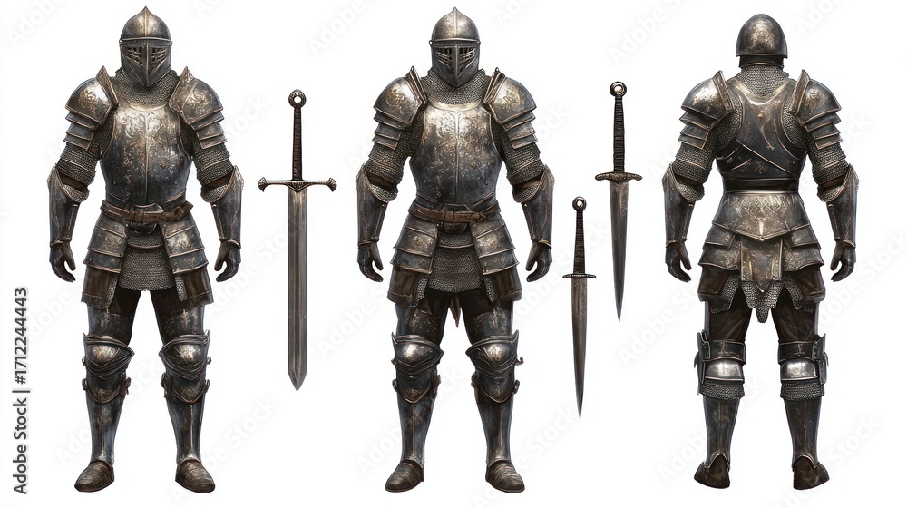 Medieval knight in full plate armor with swords, front, back, and side ...