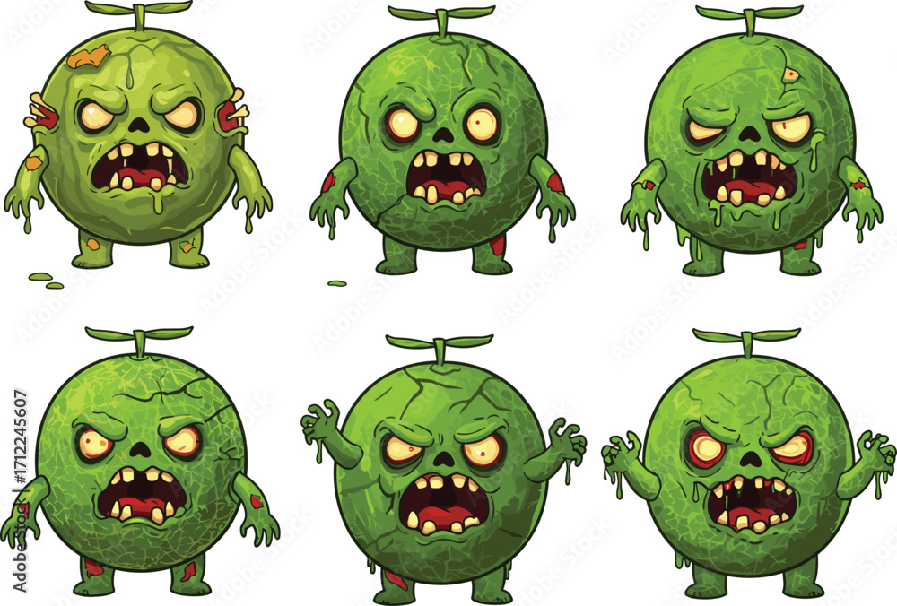 Stock-Vektorgrafik „Cartoon Zombie Melon Characters with Slime, Wounds ...
