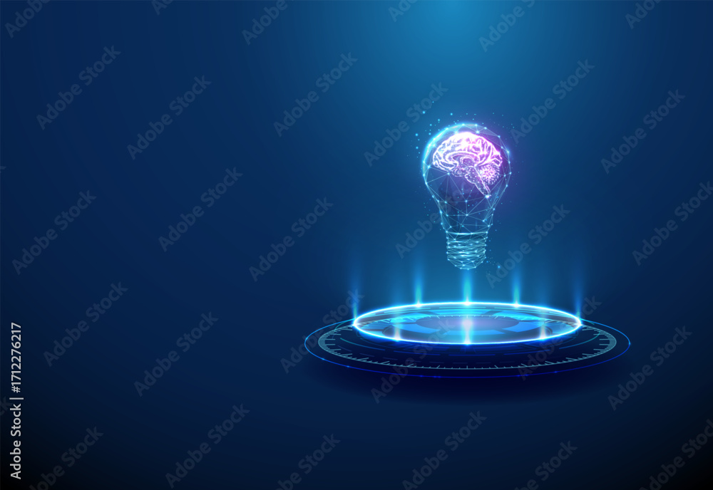 Light bulb with purple brain inside on futuristic podium. Innovative ...