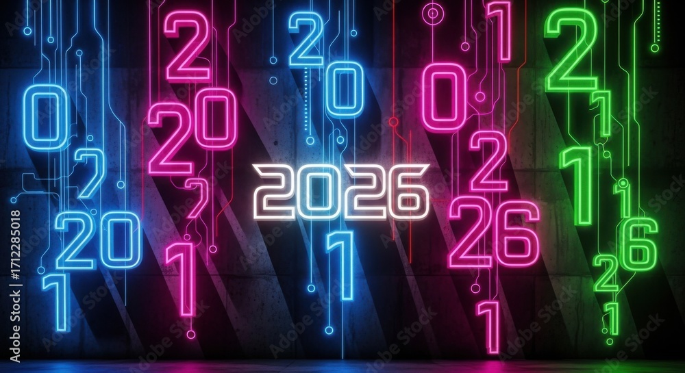 Neon Digital Numbers and Year 2026 in Bright Colors with Circuit Line ...