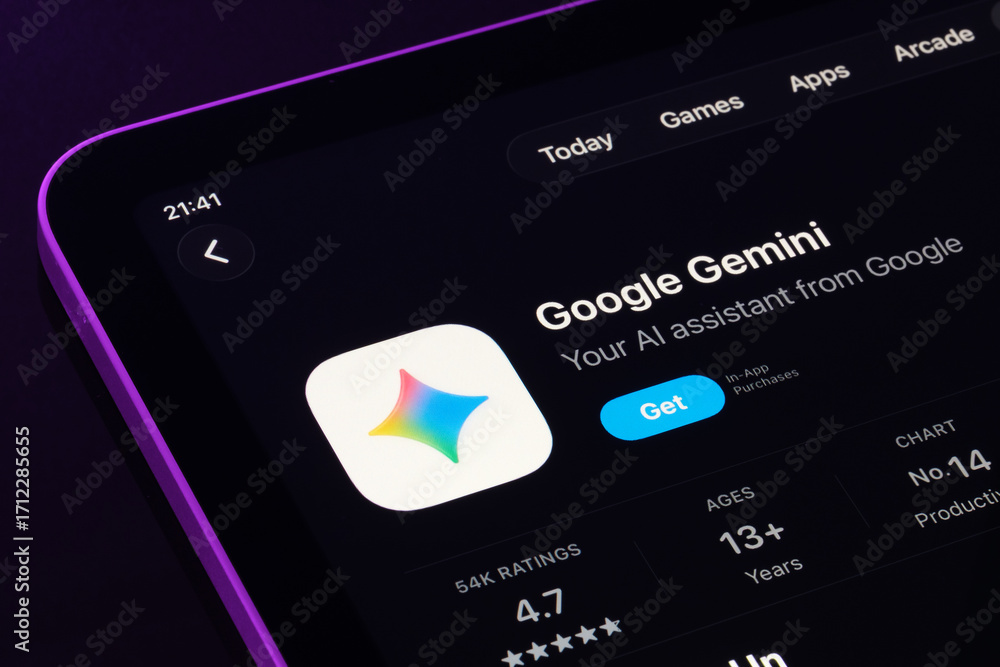 Google Gemini listing on iPad App Store, iOS 26 interface shows Apple Liquid Glass look ...