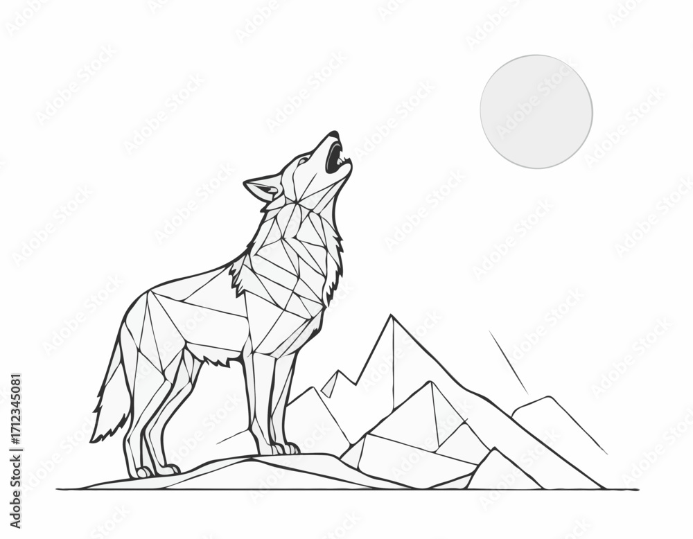 Geometric Line Art Representation of a Wolf Howling at the Moon, Modern ...