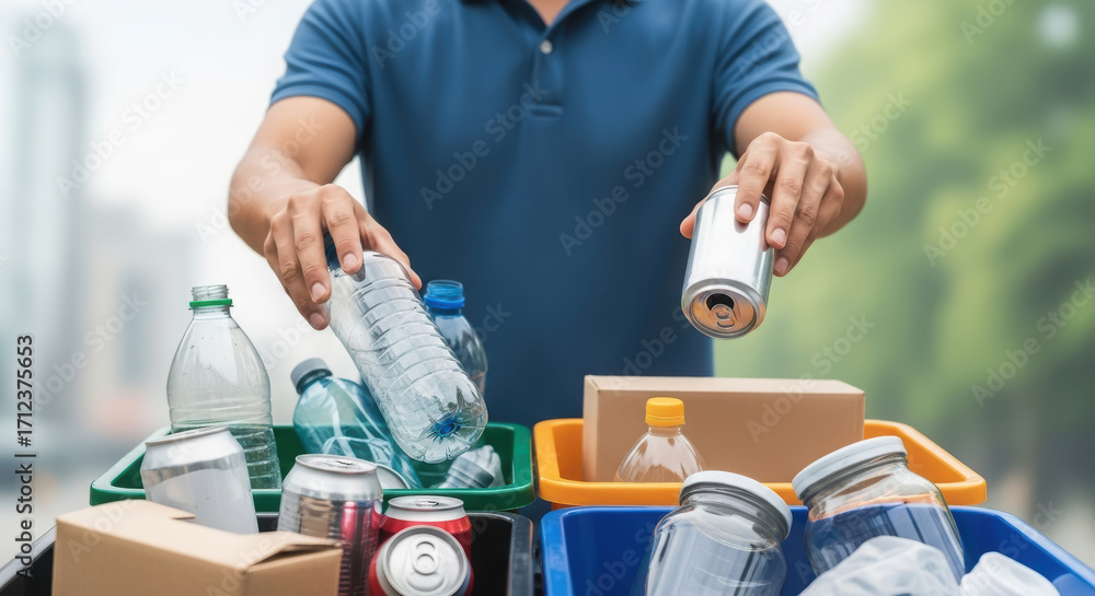Man sorting recyclable materials, including plastic bottles and ...