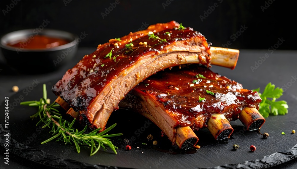Photorealistic short ribs braised, meat tearing, jus sheen, black table ...