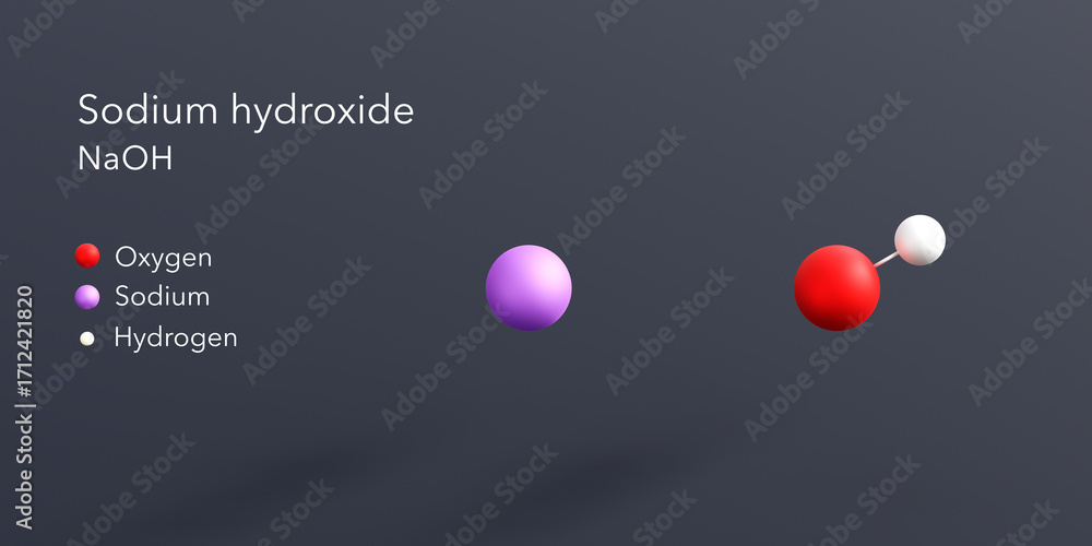 Sodium hydroxide molecule 3d rendering, flat molecular structure with ...