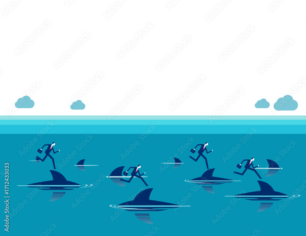 Financial risk. Successful business people running on top of sharks in ...