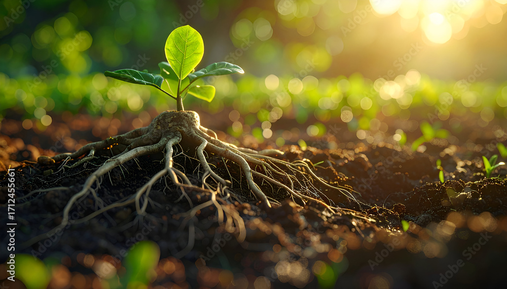 Young Plant Sprout with Visible Roots in Dark Soil at Sunrise Stock ...