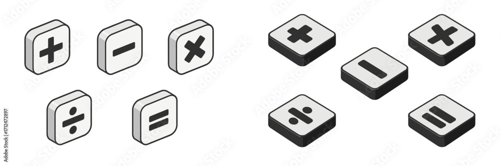 Isometric 3D style mathematical operation symbols set including plus ...
