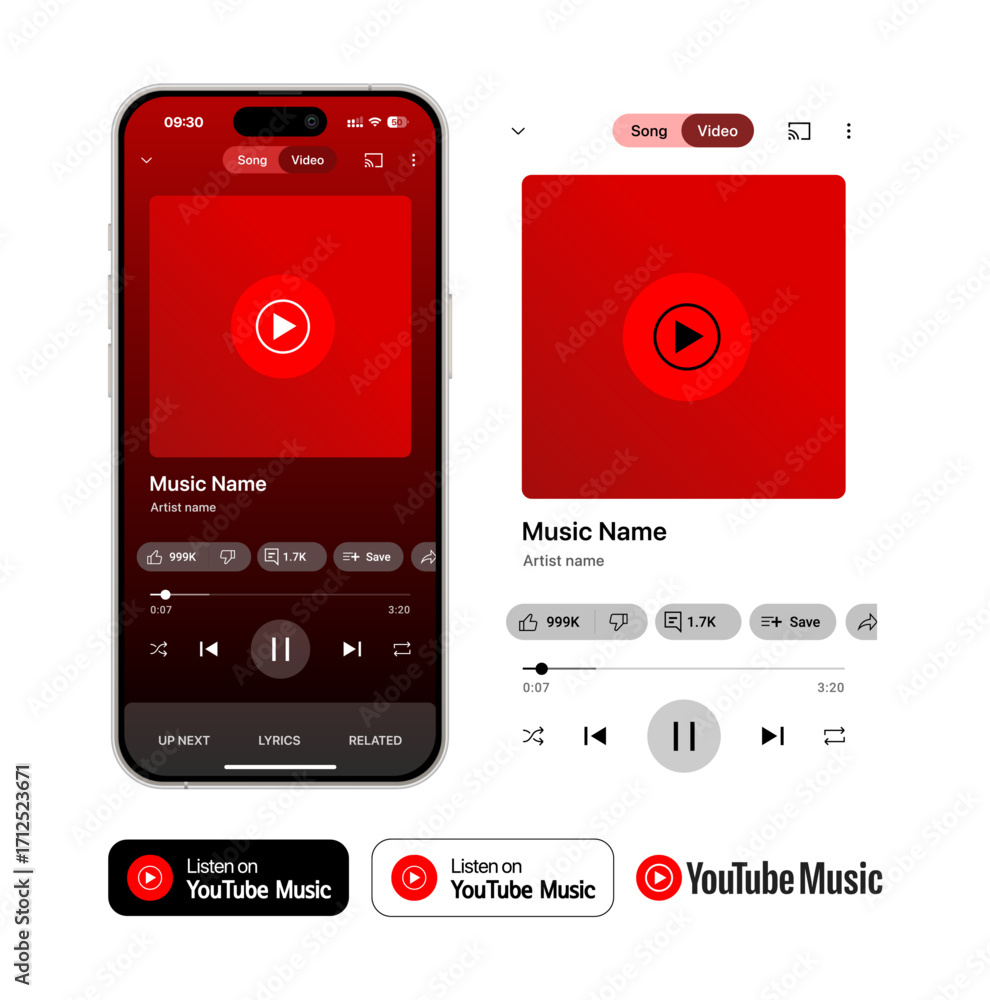 YouTube Music player UI template. Editable vector mockup showing ...