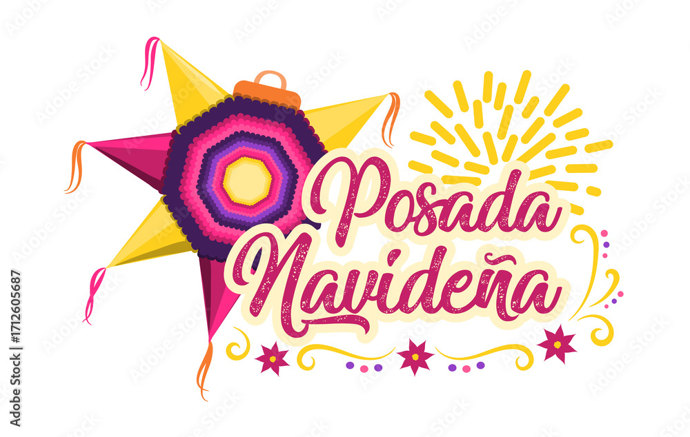 letrero Posada navideña con piñata, bengala y flor de nochebuena ...