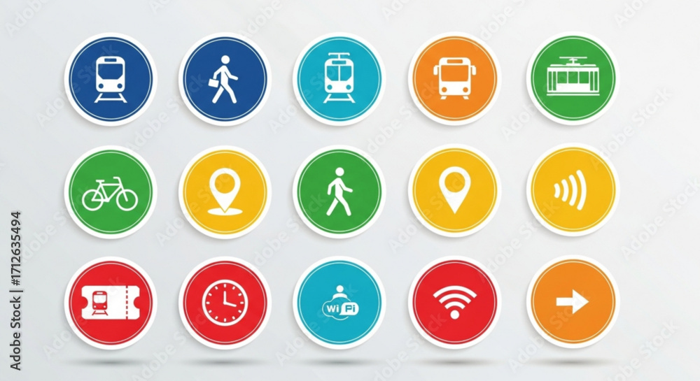 Collection of colorful public transportation icons, including train ...