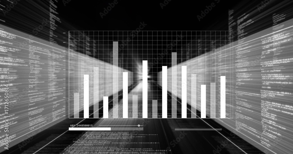 Displaying monochrome 3D bar chart converging on grid in technical ...