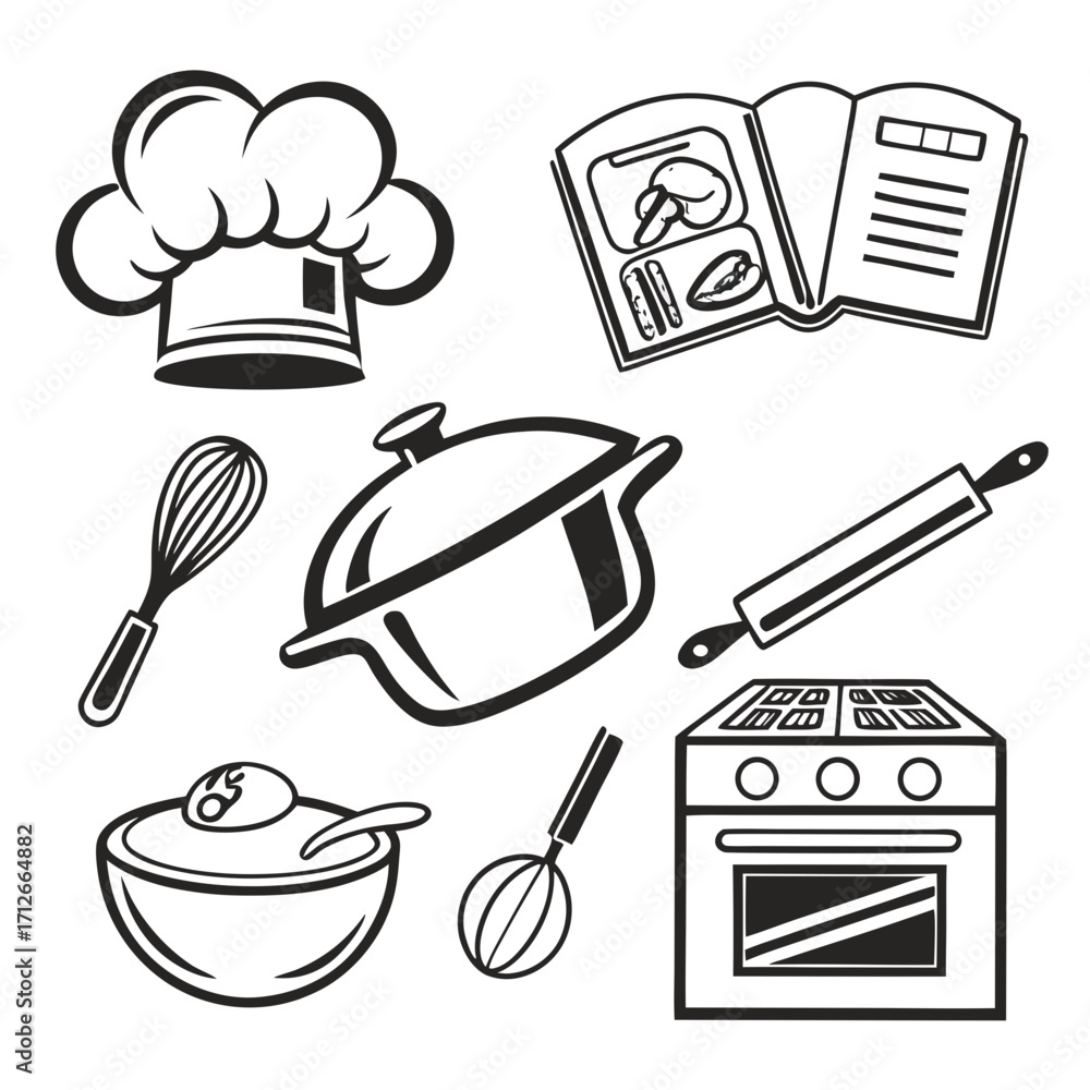 A collection of black and white vector illustrations depicting ...