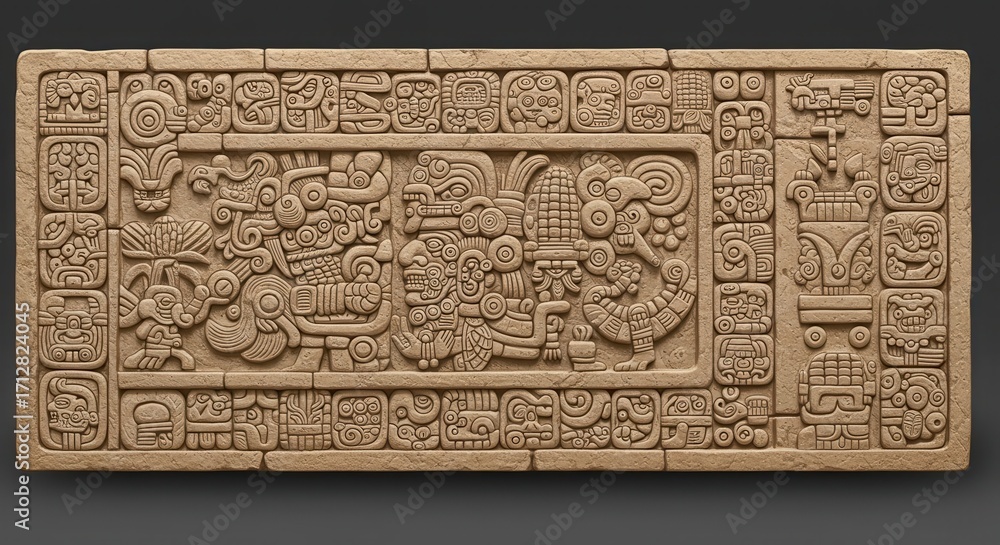 Ornate, light beige relief carvings depict intricate Mayan glyphs and ...