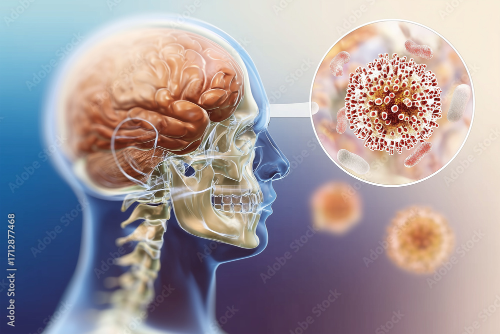 Medical illustration of human head in profile with exposed brain ...