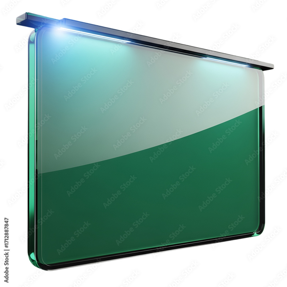 A modern, sleek, rectangular glass display panel with a subtle blue led ...