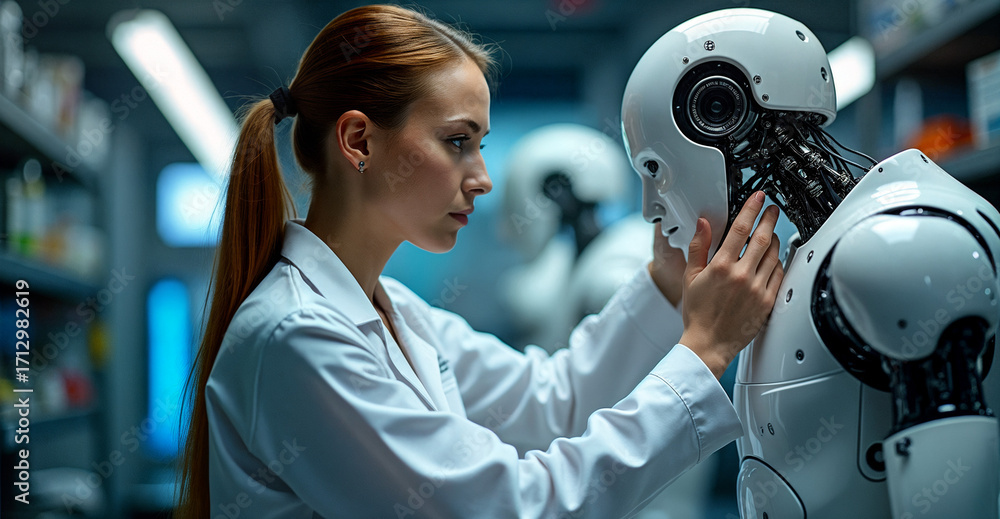 Female scientist interacting with humanoid robot in laboratory Stock ...