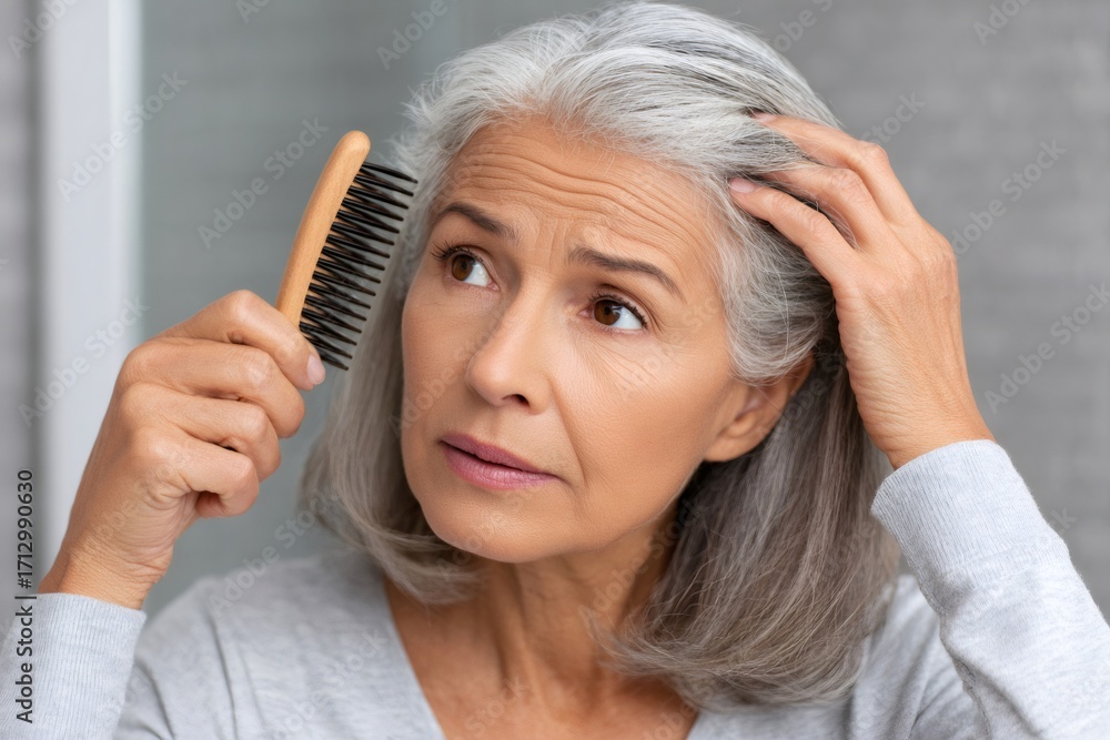 Mature woman checking gray hair for hair loss Stock Photo | Adobe Stock