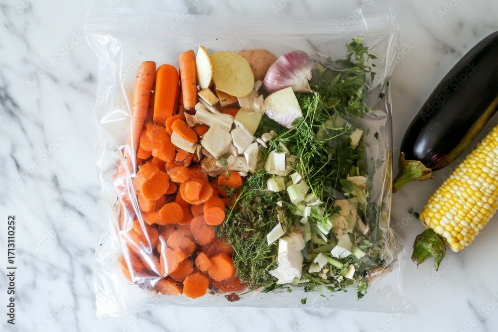 Vegetable stock scraps in plastic bag—potato peels, carrot skins, onion ...