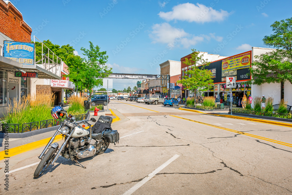 General view of the historic Main Street through small town Sturgis ...