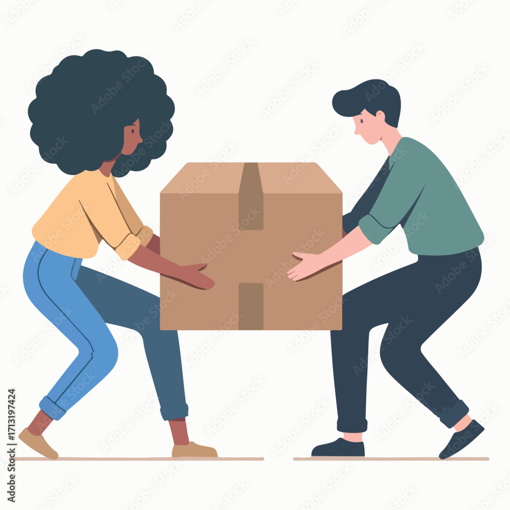 Two people helping each other lift a box with a simple and minimalist ...
