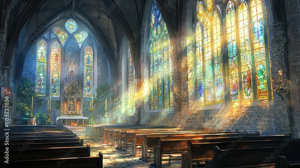 Sunbeams illuminate a majestic church interior, showcasing stained ...