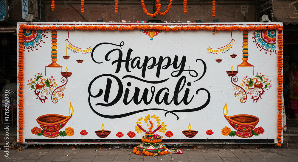 Happy diwali sign with floral decorations and diyas displayed outdoors ...