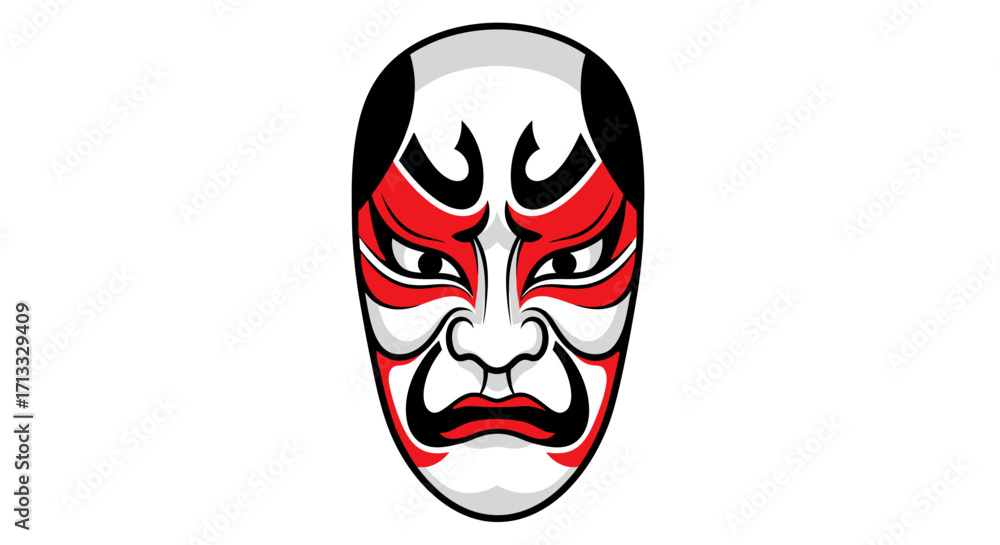 Kabuki Mask Illustration with Bold Red and White Colors Depicting ...