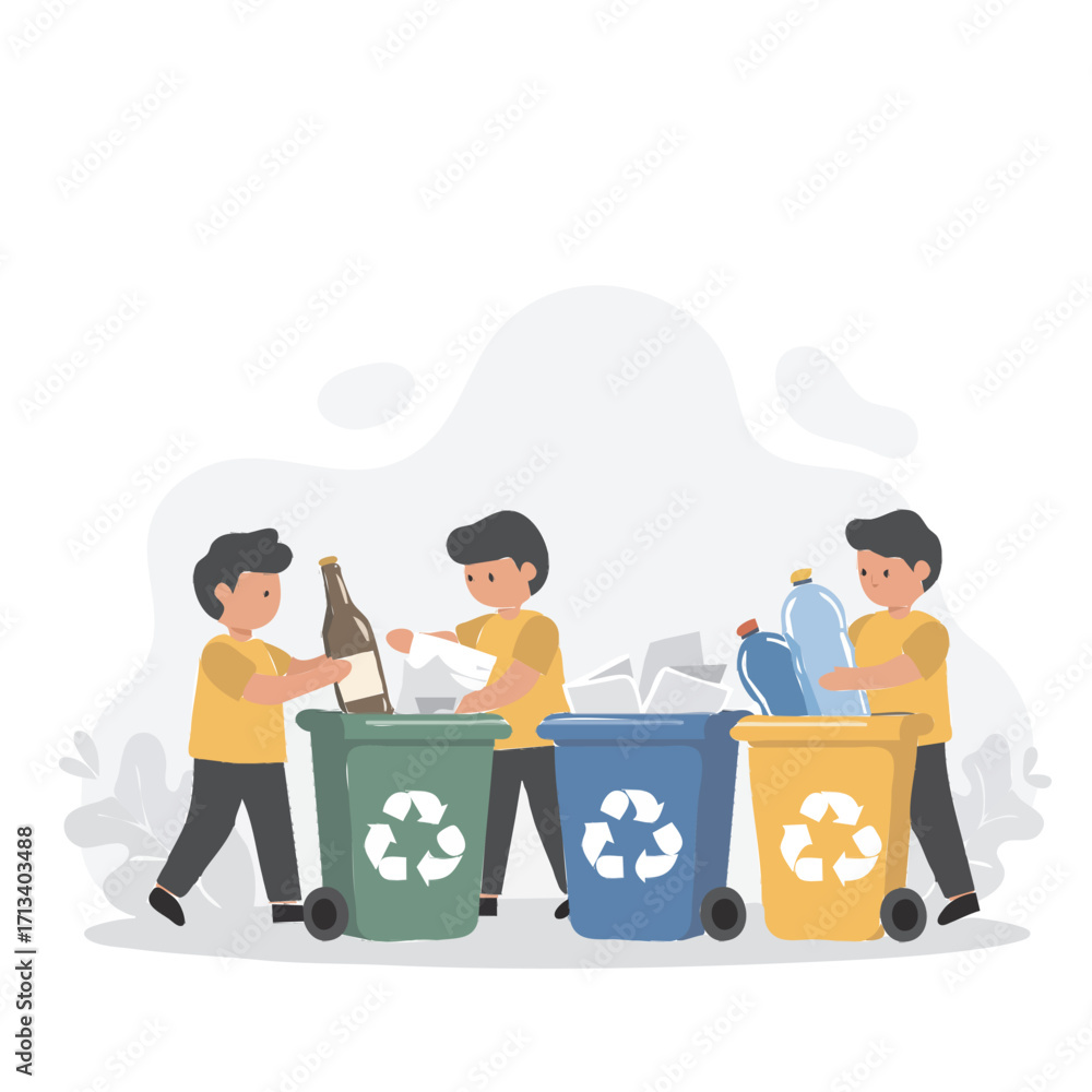Three young boys are shown sorting and recycling different types of ...