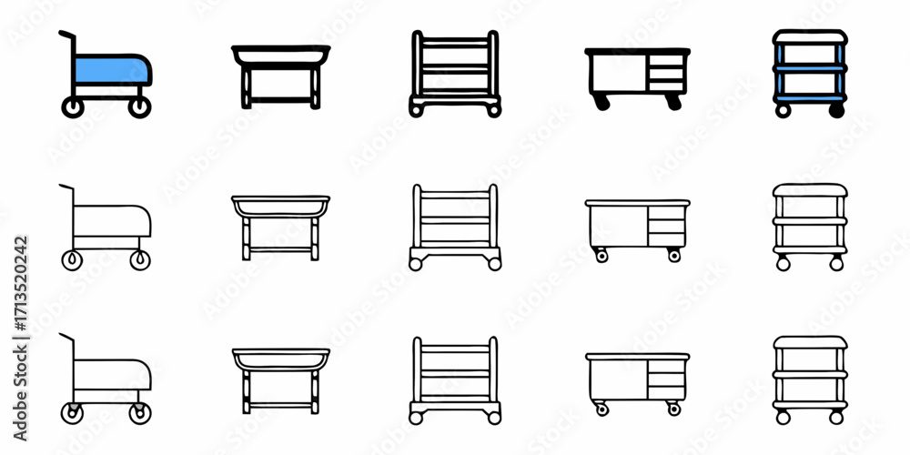 Depicting various styles of carts and trolleys with wheels in a simple ...