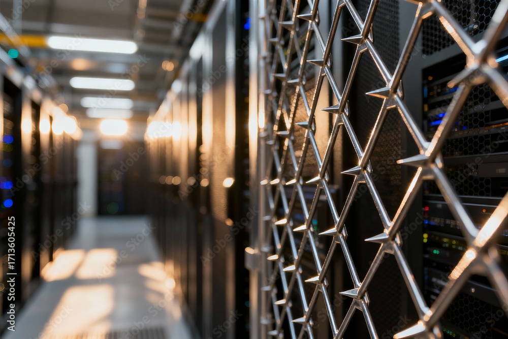 Photo Stock Data Center Server Racks Behind Protective Metal Grate ...