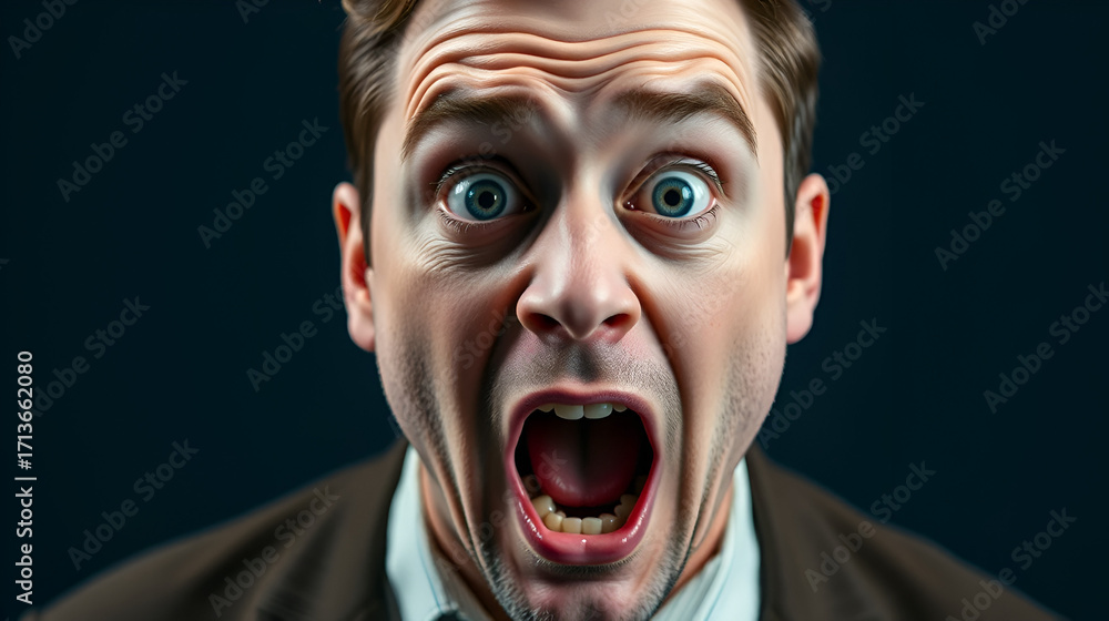 Theatrical actor is portraying a shocked character, expressing fear and ...