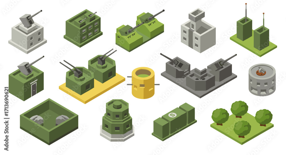 Isometric military structures collection with anti-aircraft guns and ...
