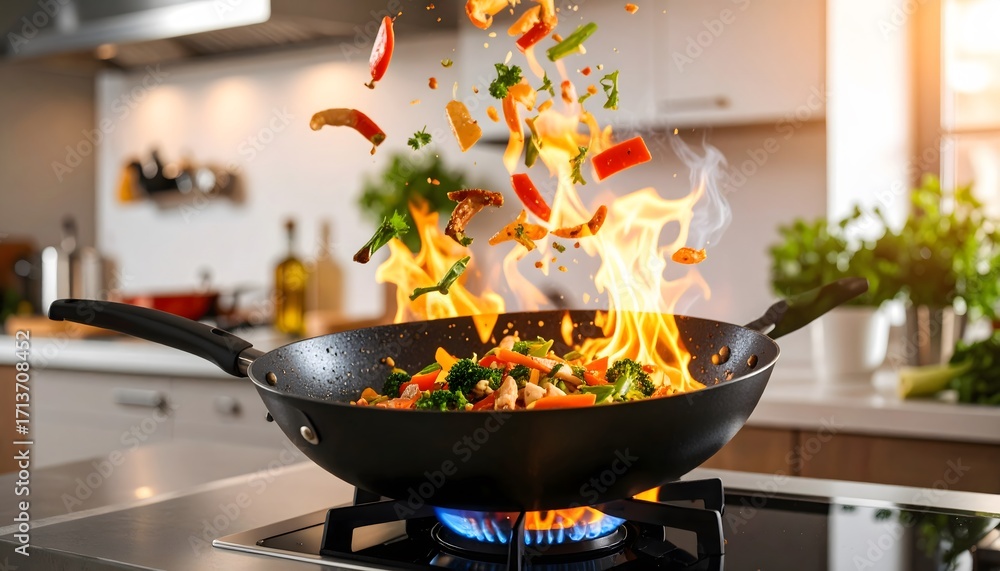 Fiery Wok Cooking: Vegetables and Chicken Stir-Fry with Dynamic Flames ...