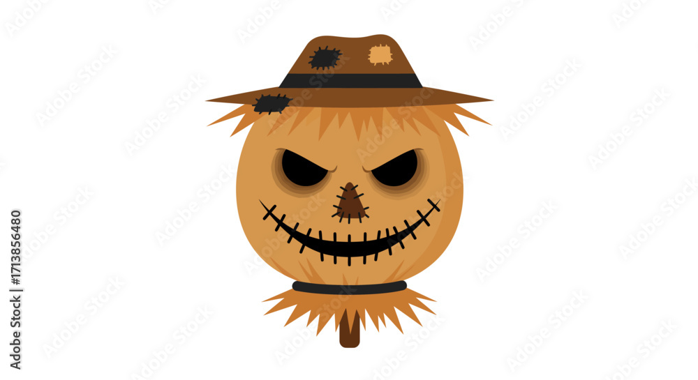 Cartoon scary scarecrow head with stitched eyes and mouth, wearing a ...
