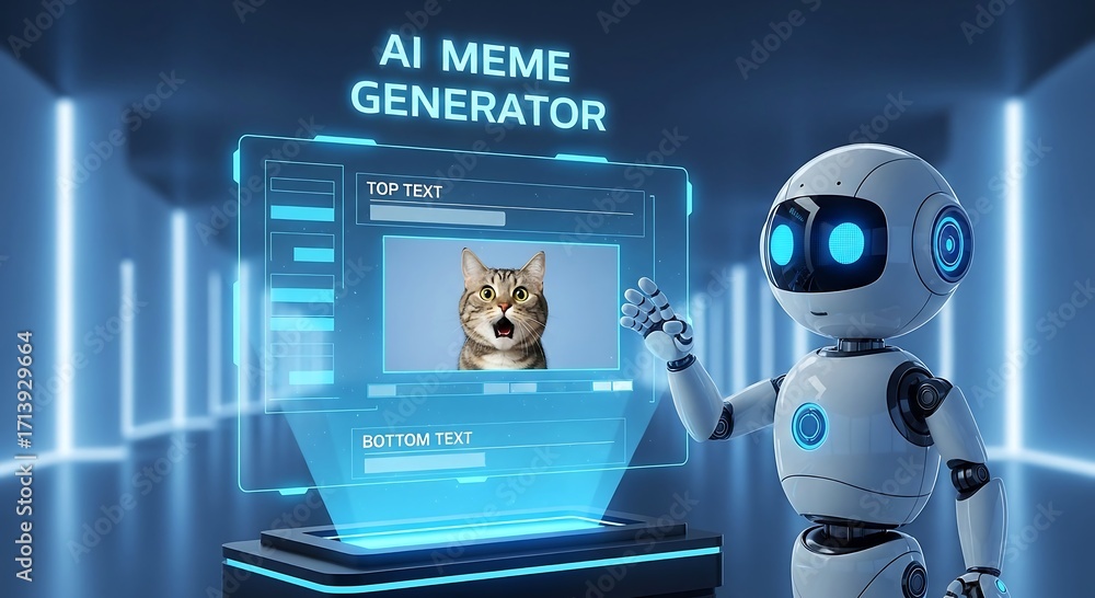 A robot creates a meme using ai meme generator with a surprised cat ...