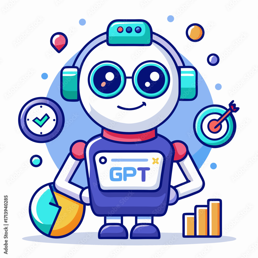 Friendly gpt robot with business and goal icons A cute blue robot ...