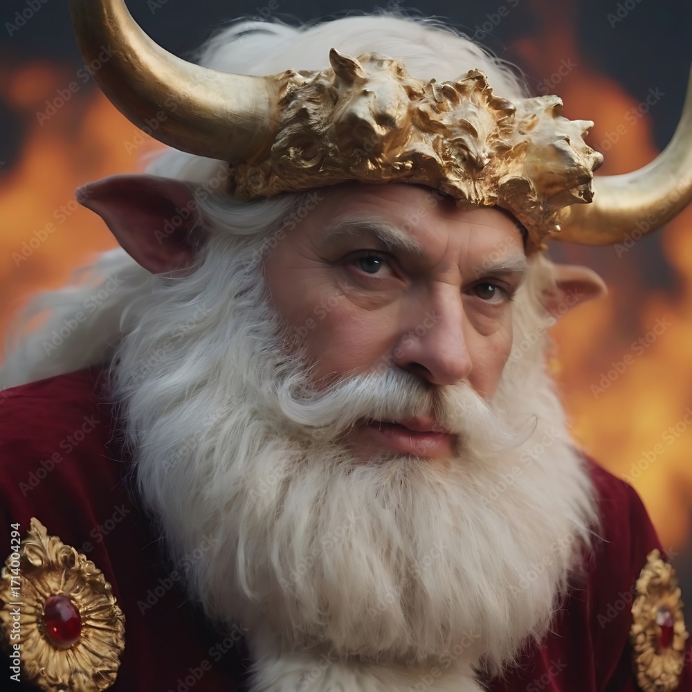 Elderly man portraying a mythical king with horns and white beard. The ...
