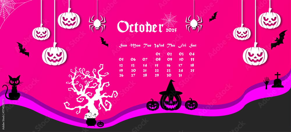 Halloween October 2025 calendar background with spooky pumpkins, bats ...