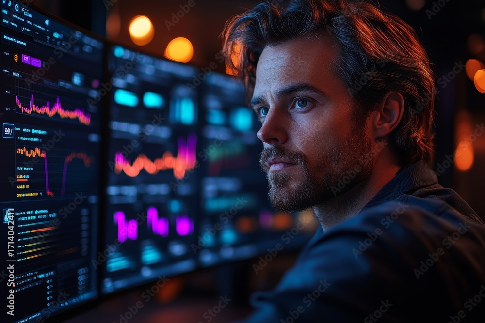 Data analyst using dual monitors to review operational dashboard and export csv files with ...