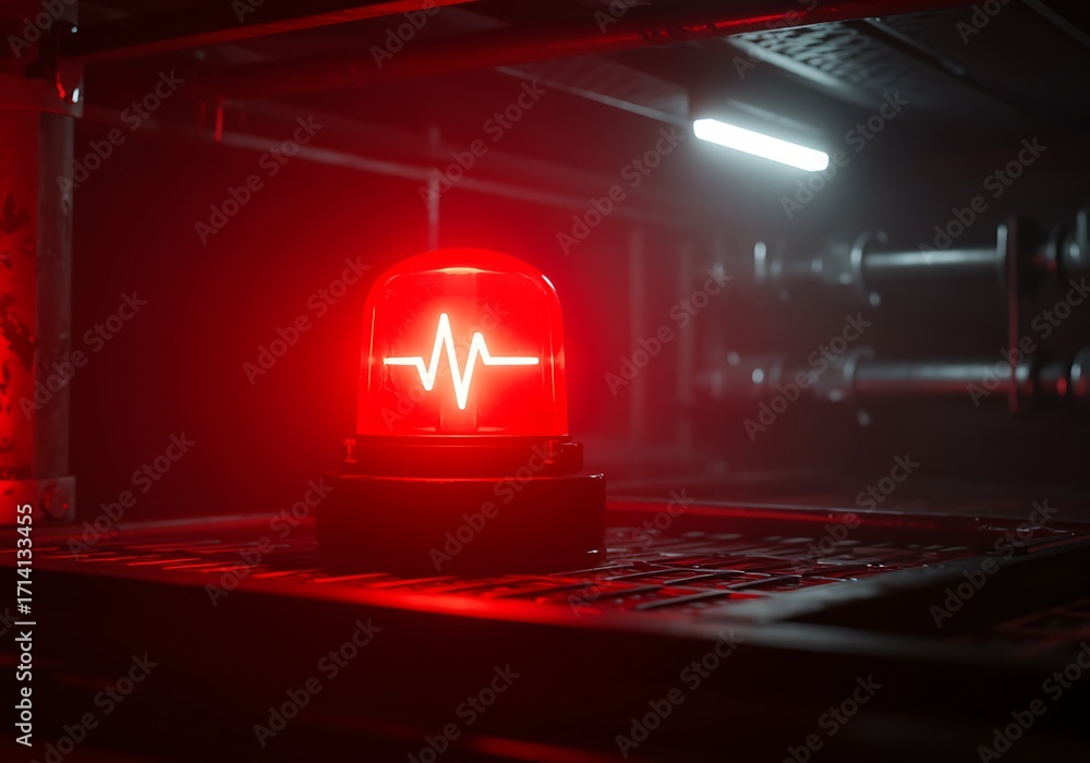Emergency Alert Red Light with Heartbeat Symbol in Industrial Setting ...